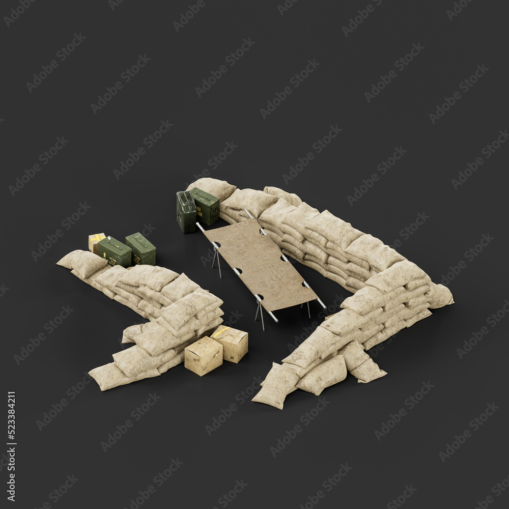 Isometric view Armed military watchtower, A military trench with a ...