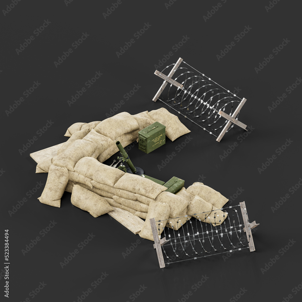 Isometric view Armed military watchtower, military trench and defensive ...