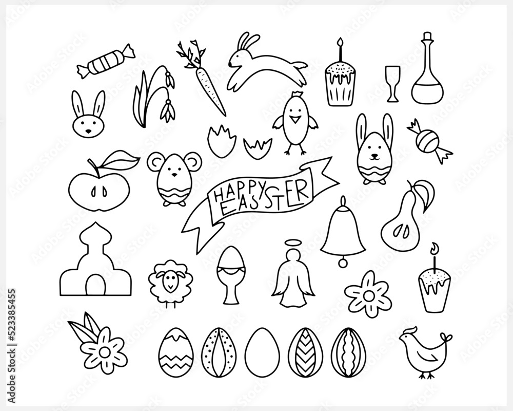 Easter set isolated Sketch coloring page book Hand drawn clip art ...