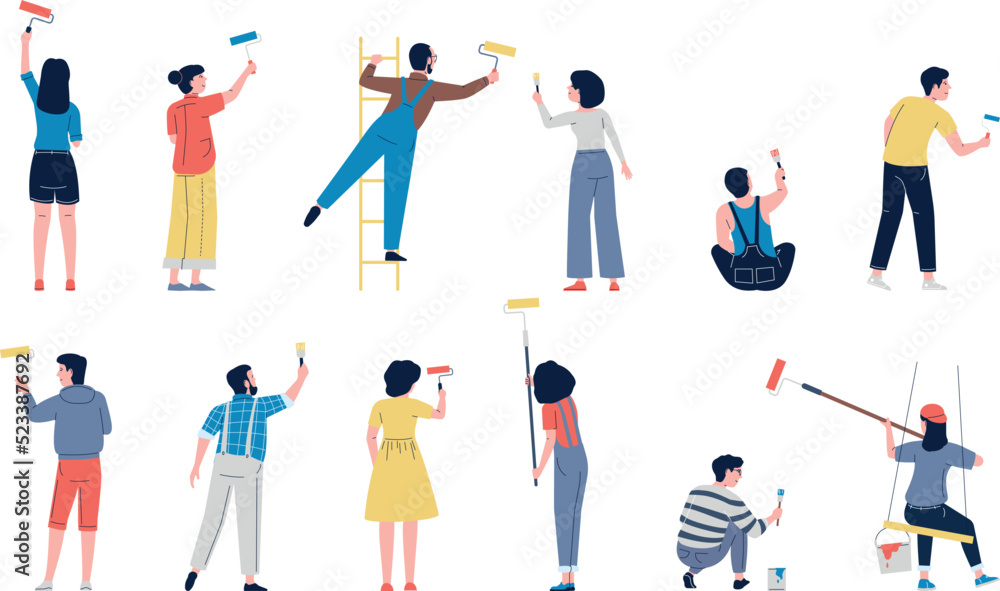 People painting on wall with paint, home renovation and decoration ...