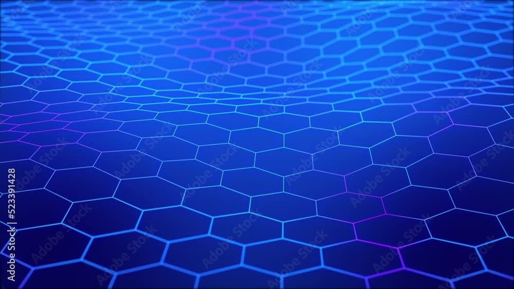 Technological grid of hexagons on a blue background. Glowing blue ...