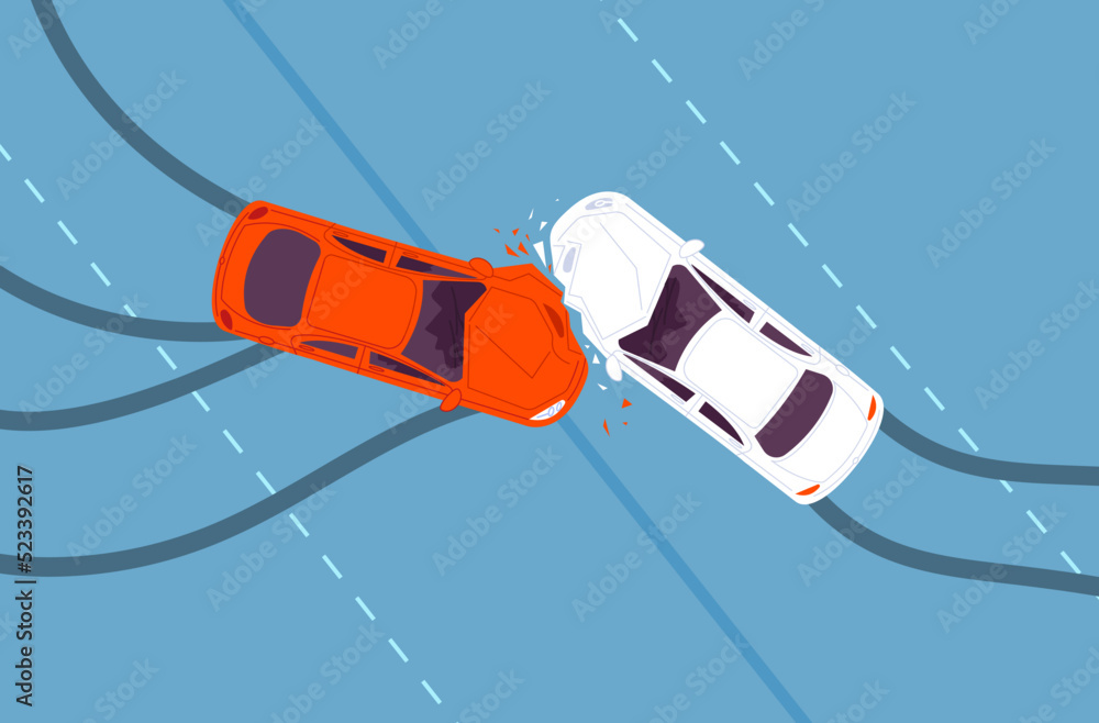 Car Accident Top View Two Crash Cars Above Road Traffic Collision Angle Intersection Speed
