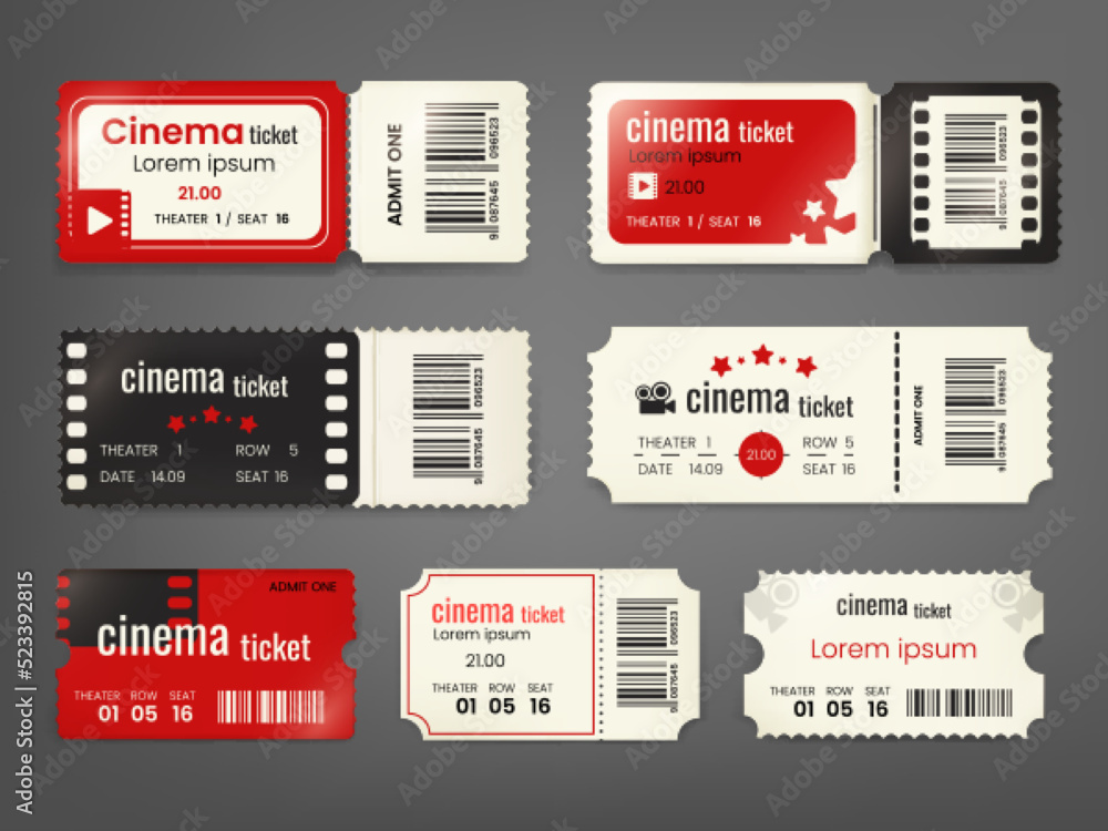 Realistic cinema tickets. 3d movies ticket mockup, present certificate ...