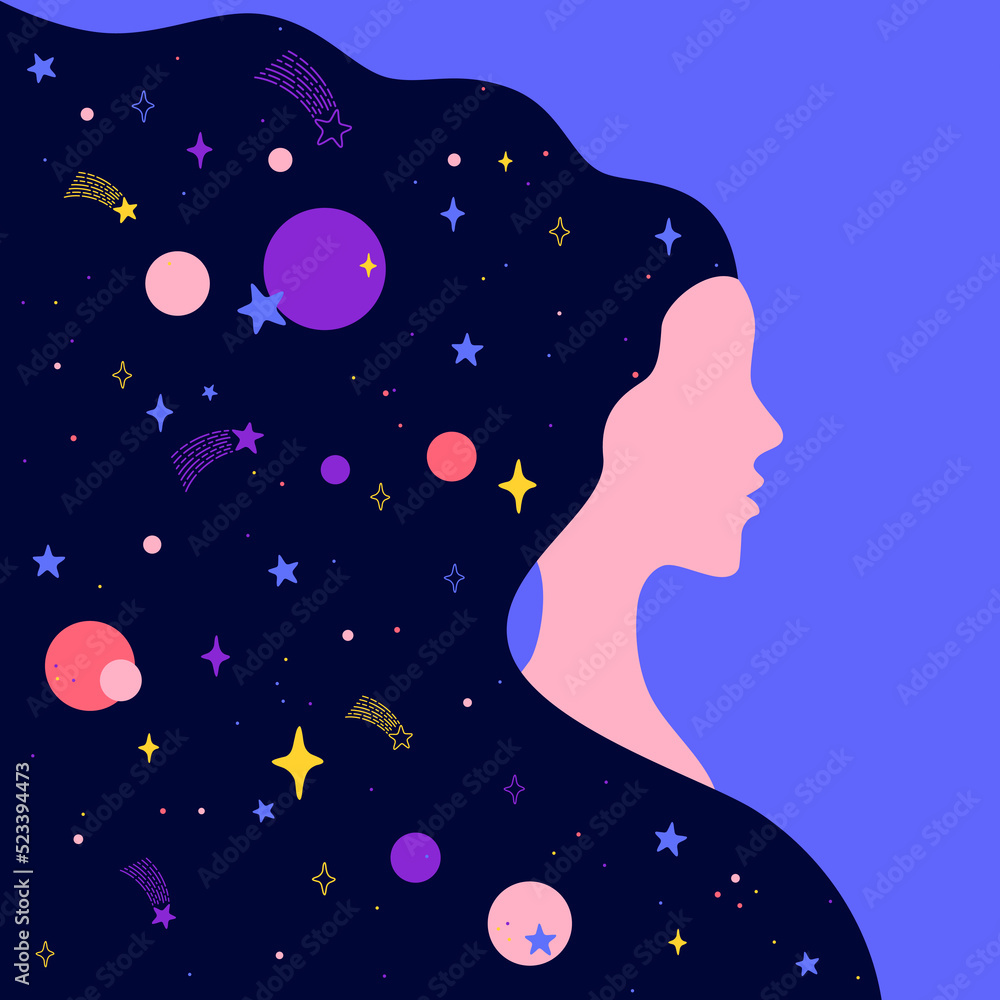 Cosmic woman with Universe in her hair vector illustration. Galaxy with ...