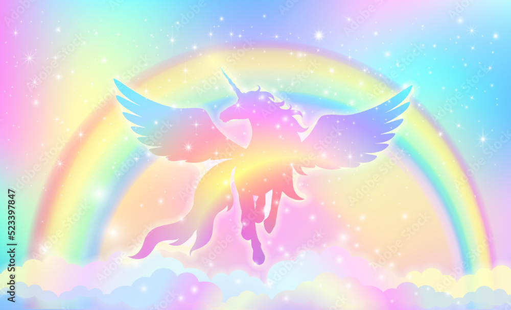 Rainbow background with winged unicorn silhouette with stars. Vector ...
