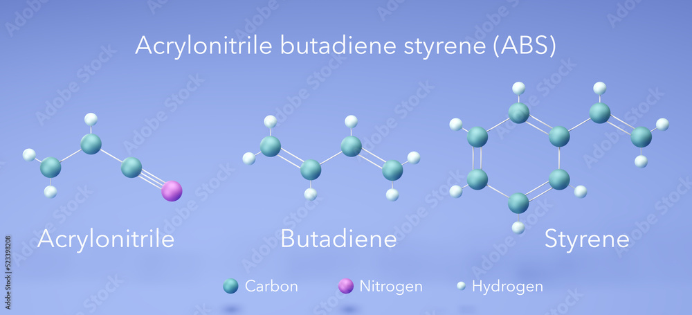 abs plastic - acrylonitrile butadiene styrene, molecular structures, 3d ...