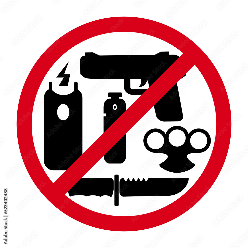 No weapons sign on red round with symbols of knife, gun, electric ...
