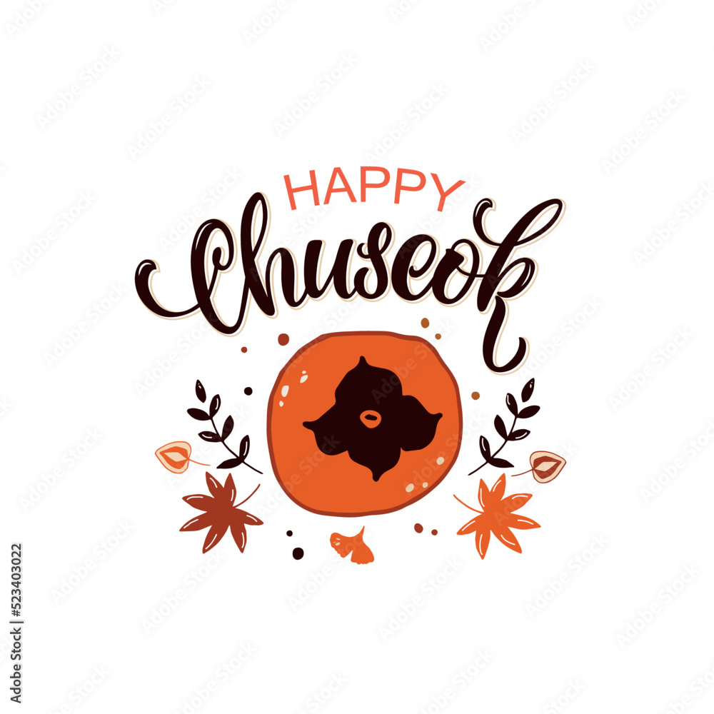 Happy Chuseok handwritten text (Korean Harvest Festival, thanksgiving day). Isolated on white ...