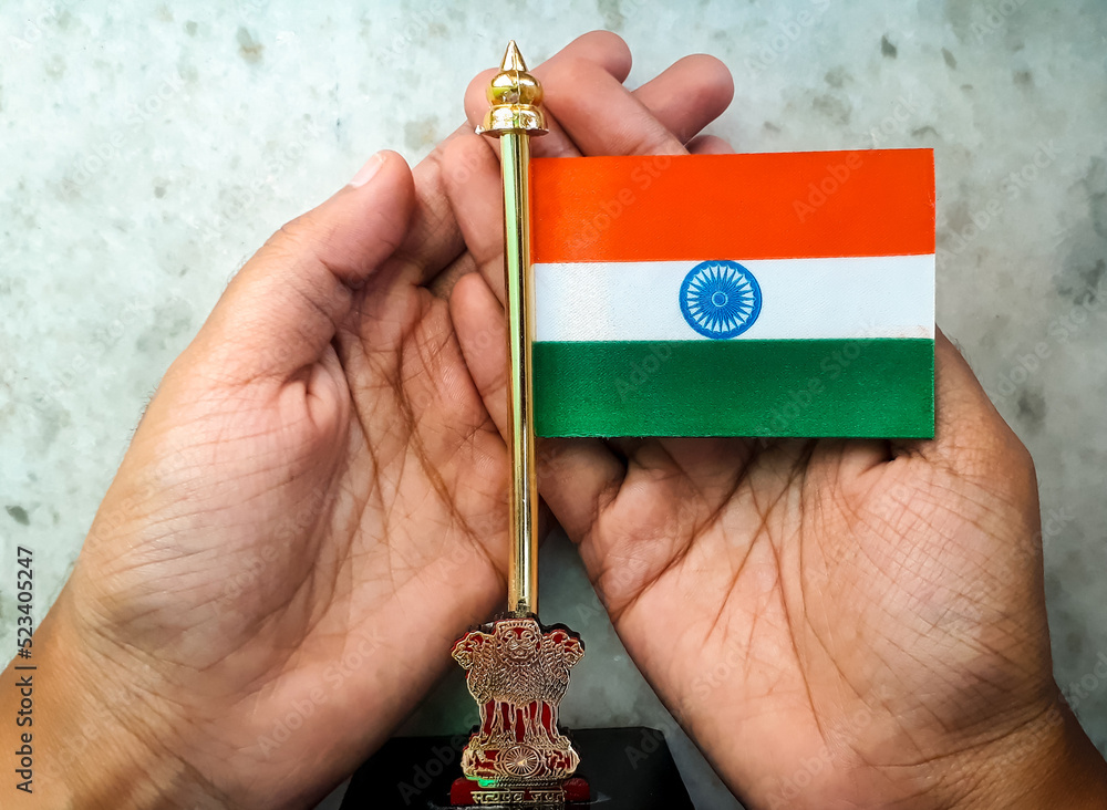Miniature Indian National Flag on a metal stand with national emblem ...