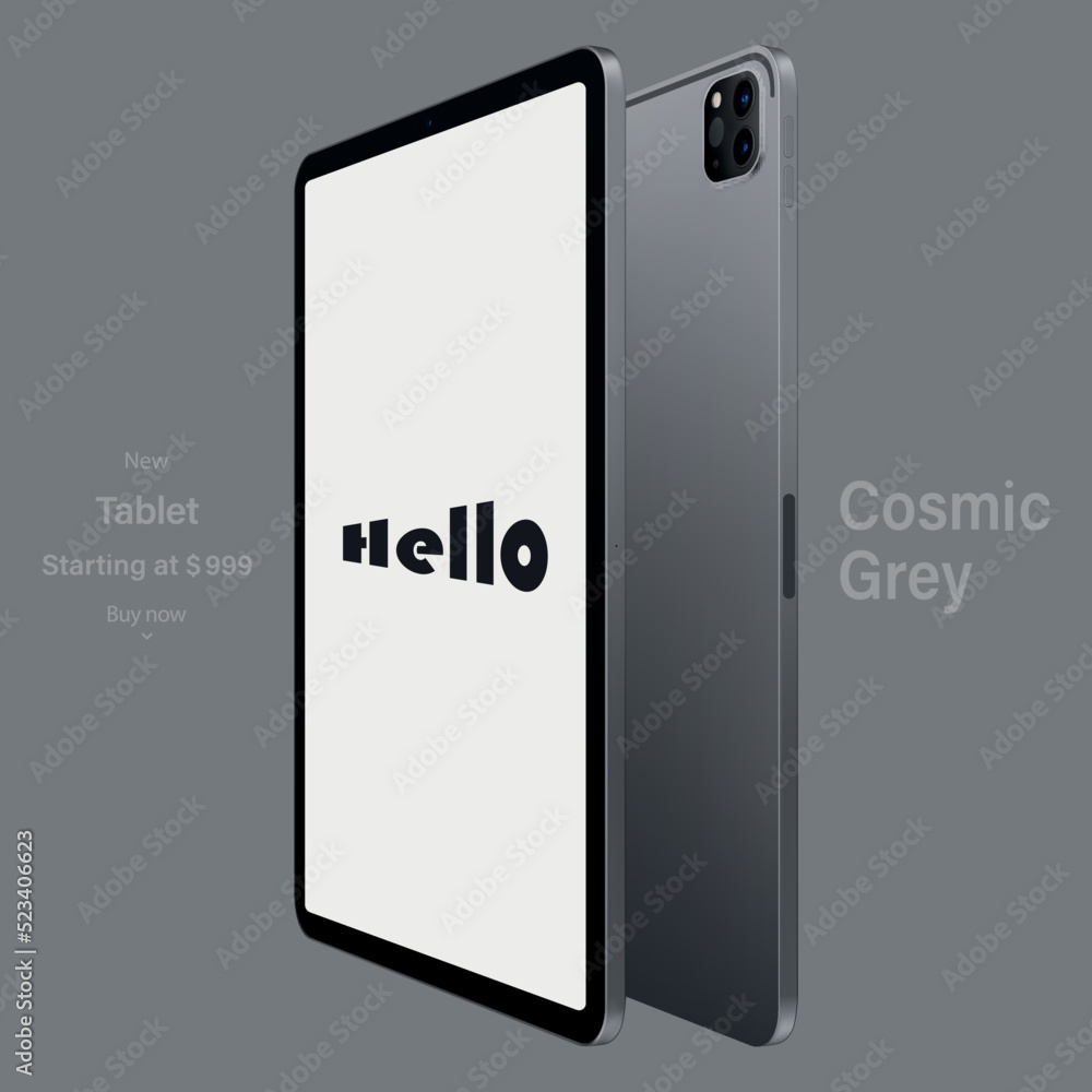 tablet grey color with blank touch screen saver and backside view ...