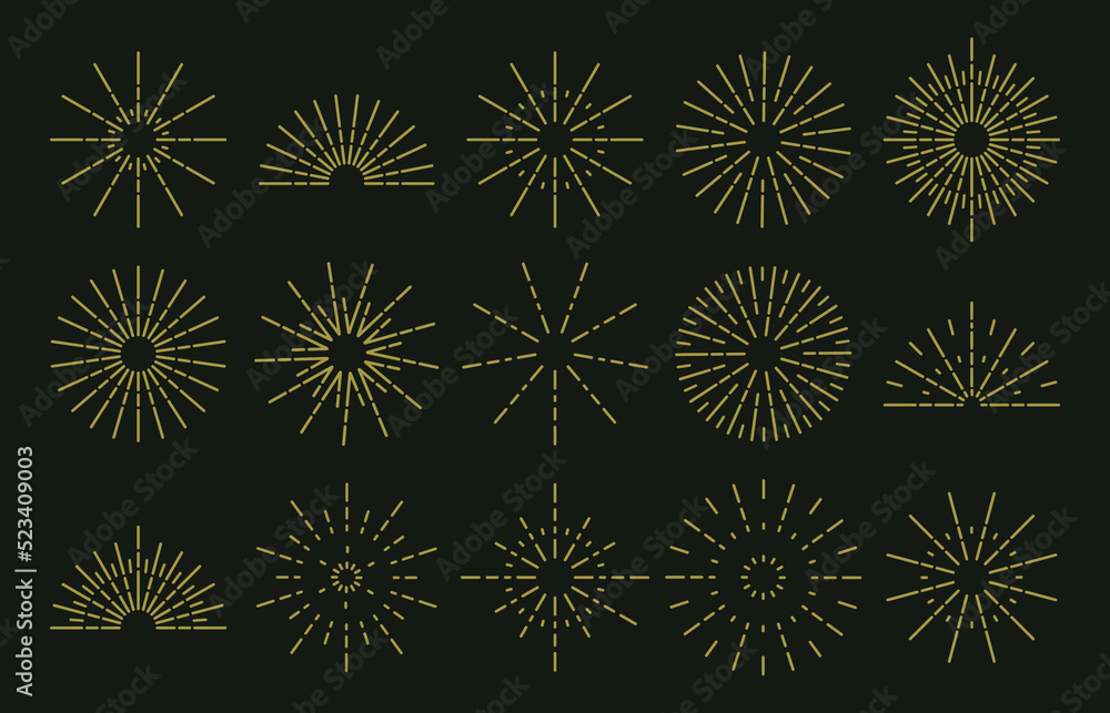 Sunburst light outline elements, sunlight doodle icons. Linear sunrise ...