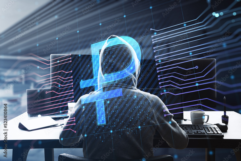 hacker at desktop using computers with creative glowing Russian ruble ...