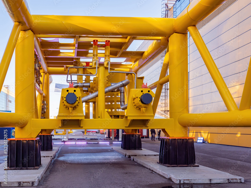 Gas pipes yellow color. Gasification pipeline outside. Gasification ...