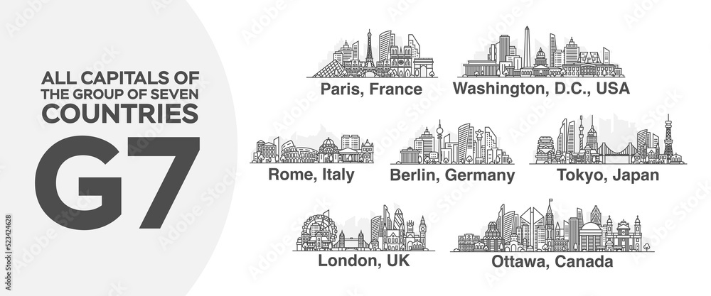 All capitals of The Group of Seven (G7) countries in a linear style ...