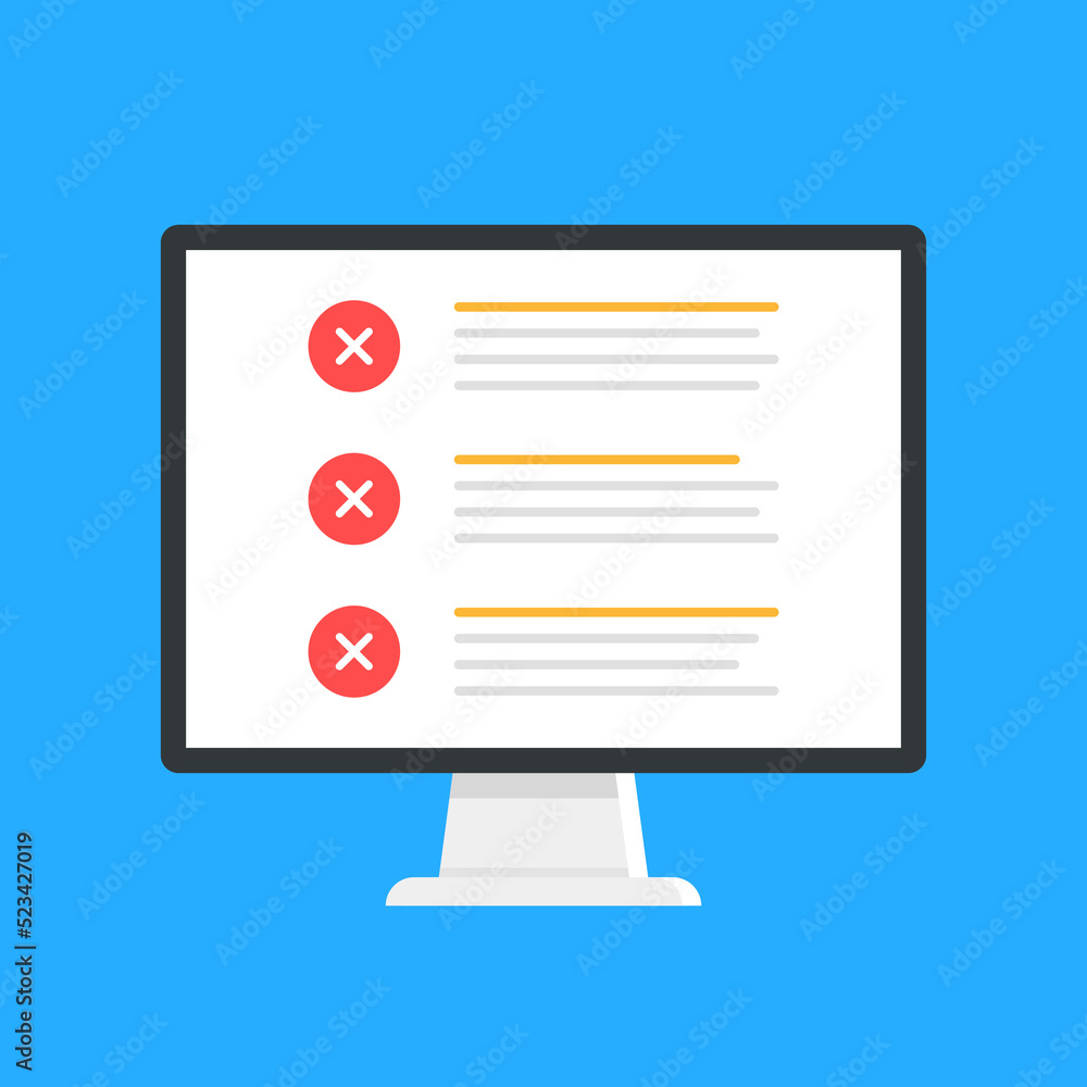 Computer and checklist with x marks. PC and check list with cross marks. Vector illustration ...