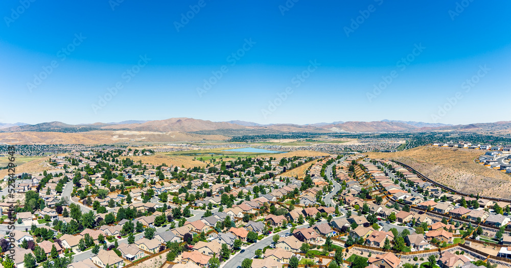 Aerial Panoramic view of Reno, Sparks and Spanish Springs located just ...
