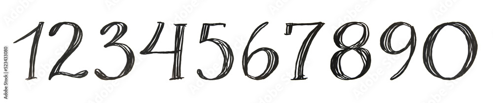 A set of digits from zero to nine isolated on white background. Hand ...