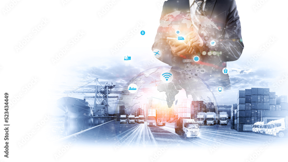 Smart logistics and transportation. Concept, Businessman use tablet and ...