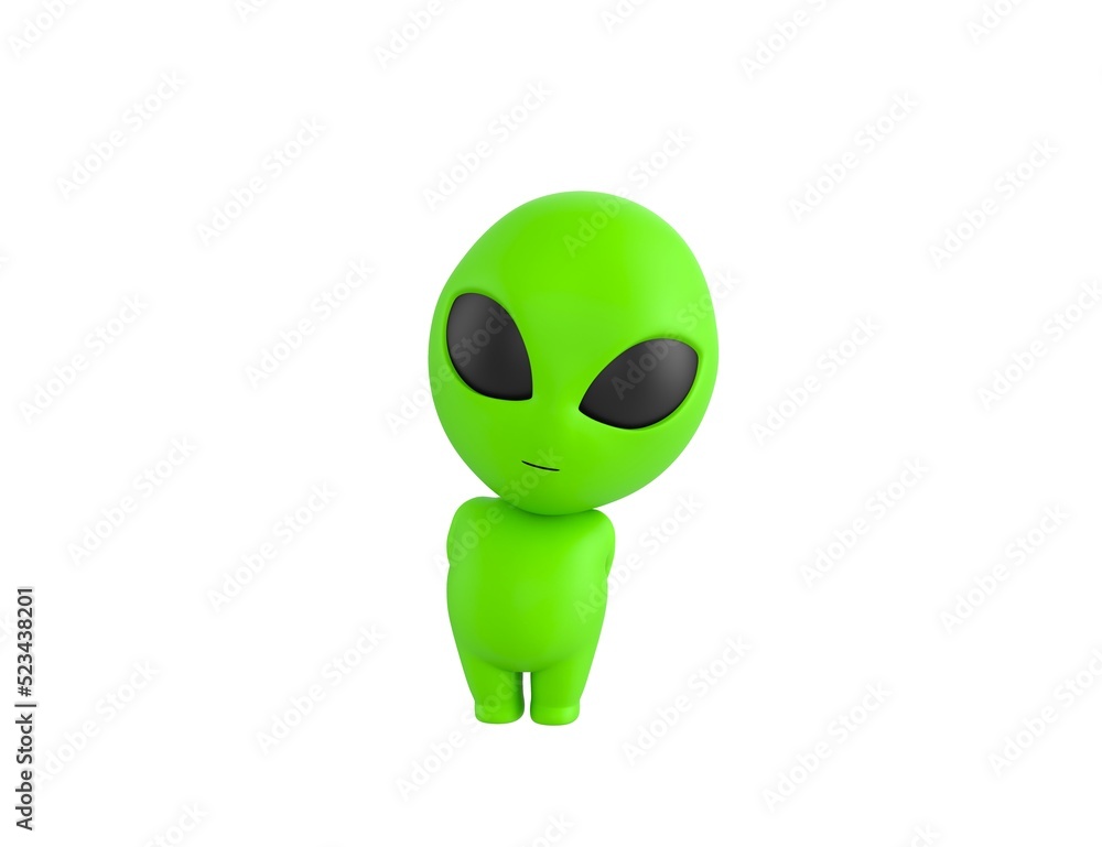 Little Alien character hides his hands behind his back in 3d rendering ...