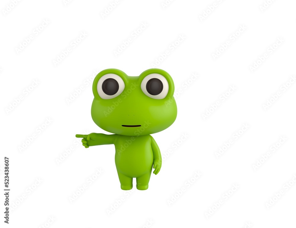 Little Frog character pointing his finger to the left in 3d rendering ...