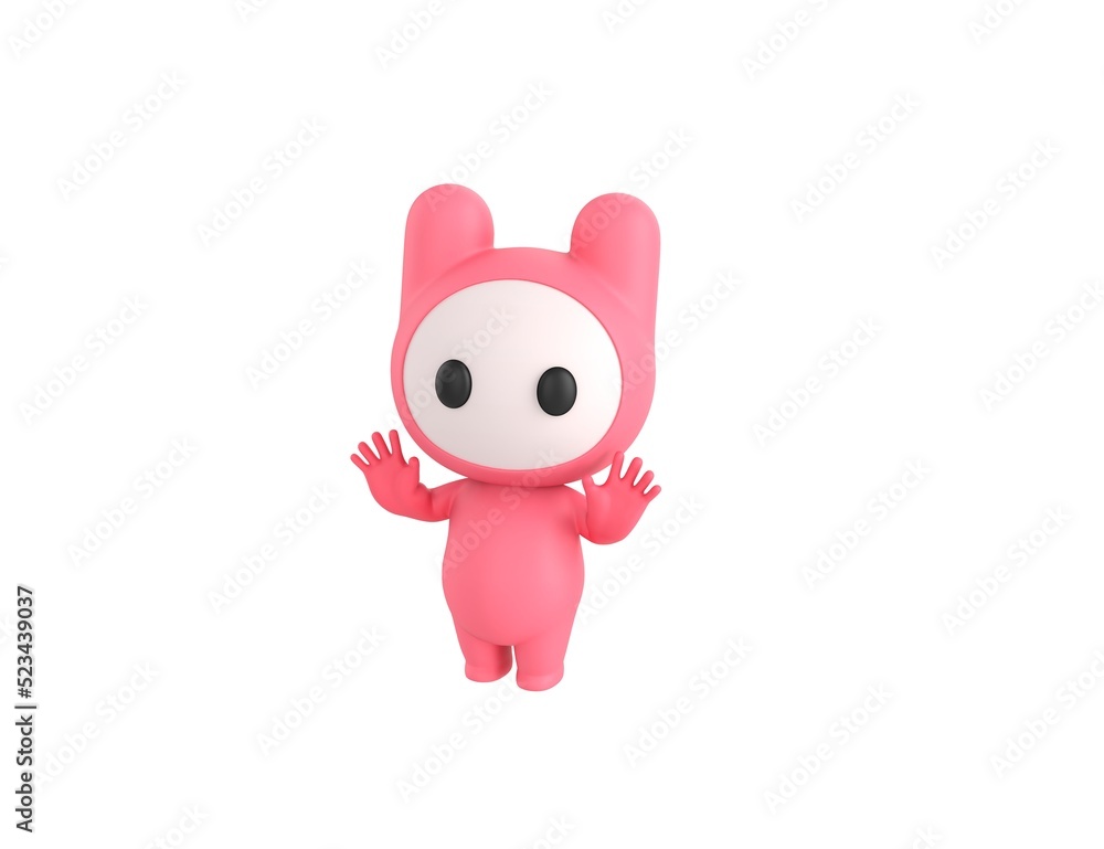 Pink Monster character raising hands and showing palms in surrender ...