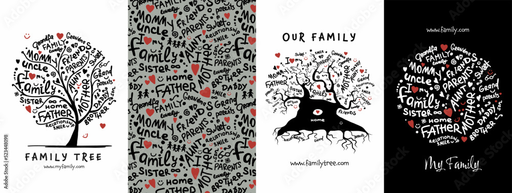 Family tree concept art collection. Frame, background, tree, icons. Set ...