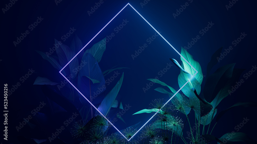 Purple and Green Neon Light with Tropical Plants. Diamond shaped ...