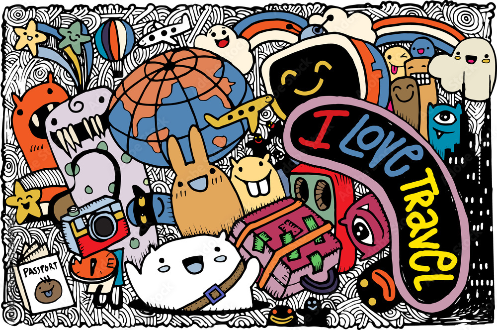 Hand drawn set of travel, tourism and summer doodles elements.v ...