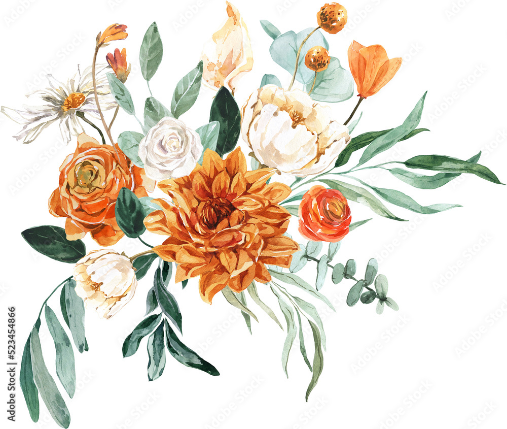 Autumn Garden Boho Orange Floral Watercolor Rustic Wedding Bouquet ...