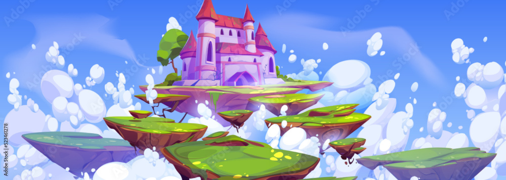 Pink magic castle on floating island in blue sky with fluffy clouds ...