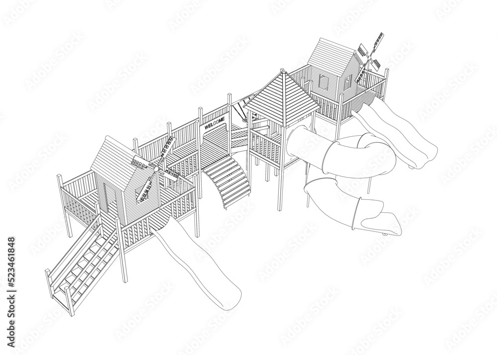 Outline of a playground with slides from black lines isolated on a ...