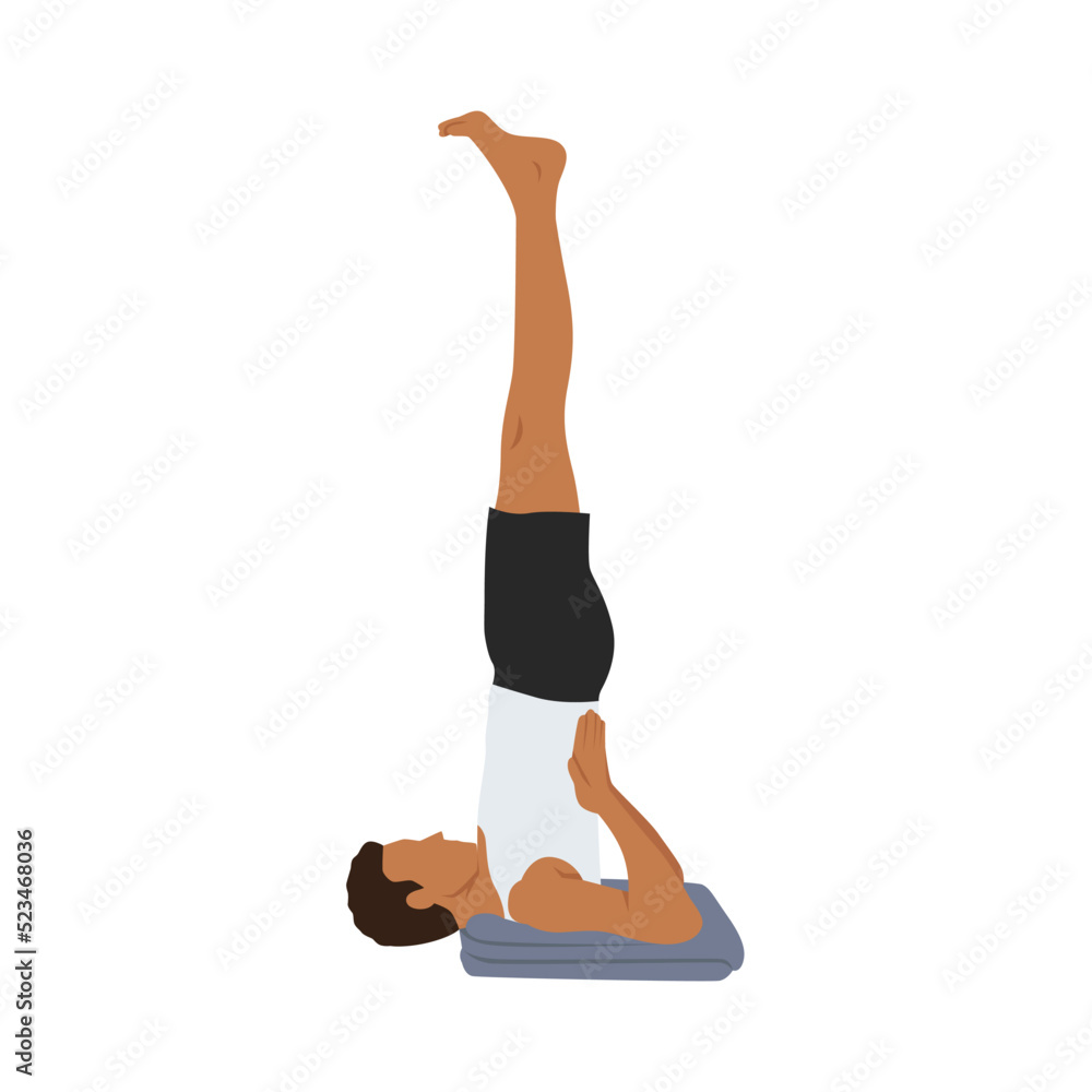 Man doing shoulder stand pose salami sarvangasana exercise. Flat vector ...