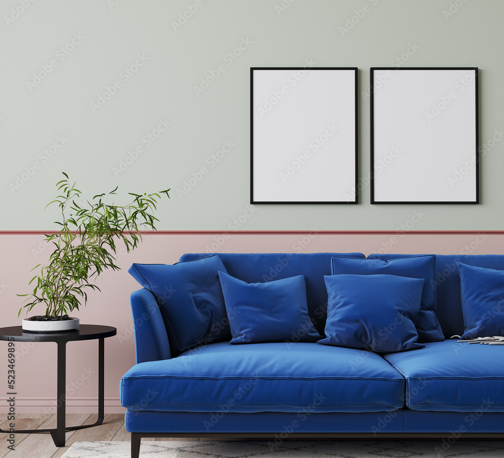 Modern living room design, blue sofa on bright interior background, 3d ...