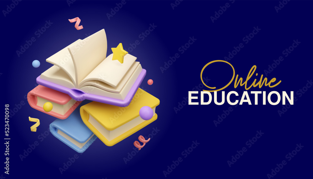 Online eduction banner on dark background. Vector 3d render books ...