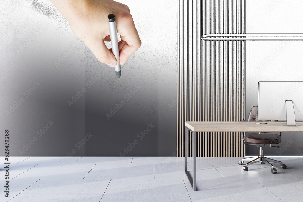 Modern hand drawn office interior with equipment and furniture ...