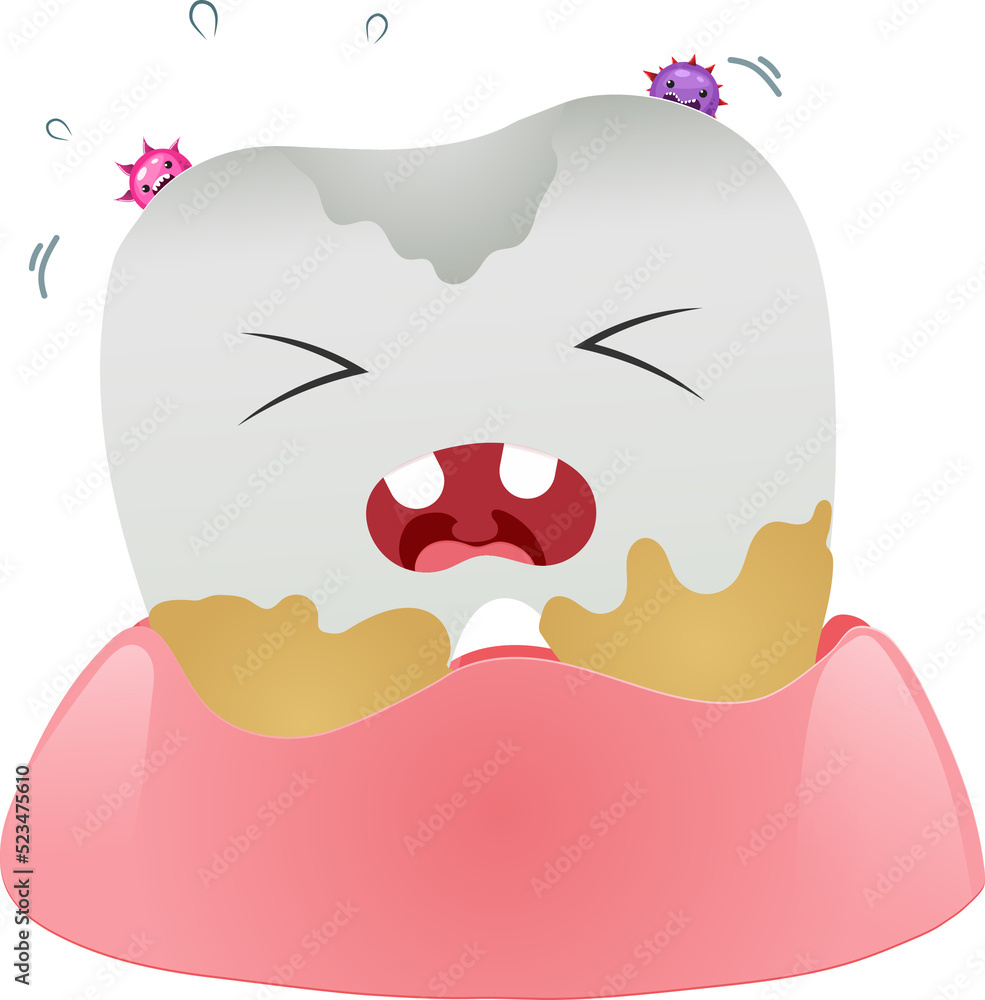 Cute cartoon with tooth decay with bacteria character cleaning itself ...