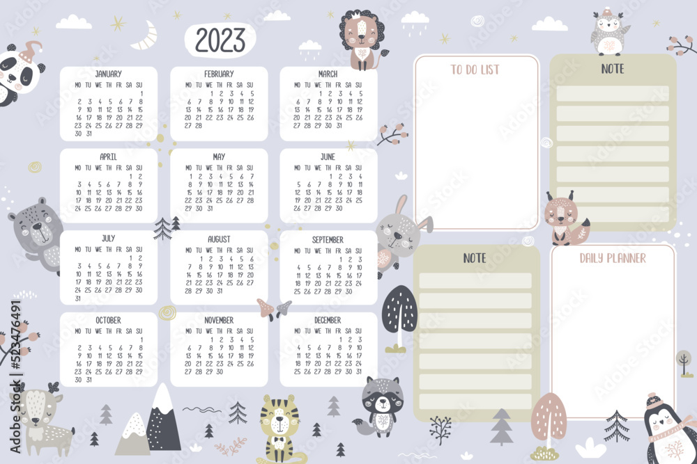 Vetor de Calendar 2023, notes and to do list with cute doodle animals ...