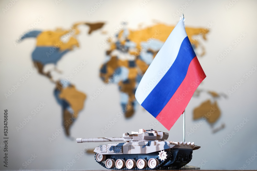 Tank with the Russian flag on the background of the world map ...