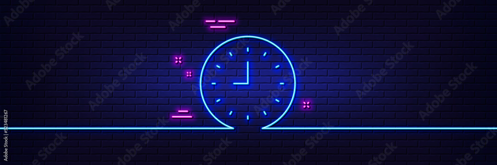 Neon light glow effect. Clock line icon. Time sign. Office Watch or ...