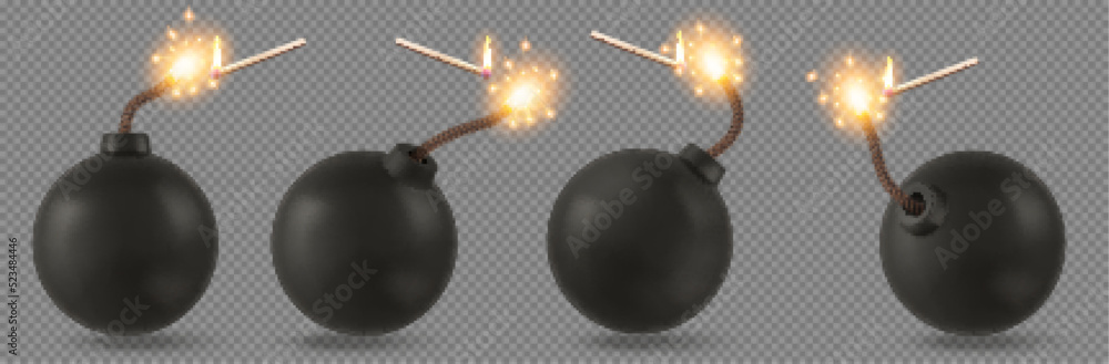 Black bombs with burning fuse and matches with fire, explosive dynamite ...