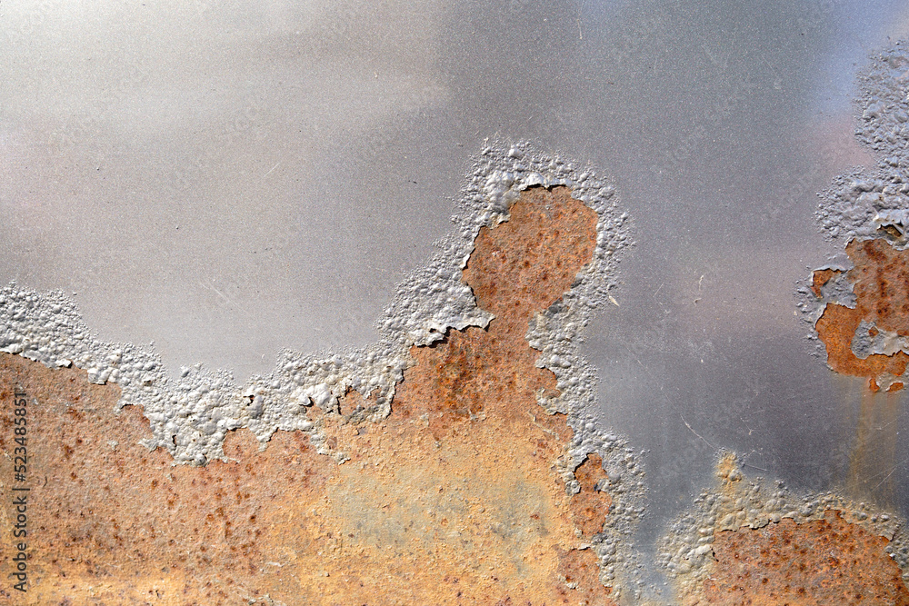 Closeup of damaged grunge dirty texture from road salt. Sheet metal ...