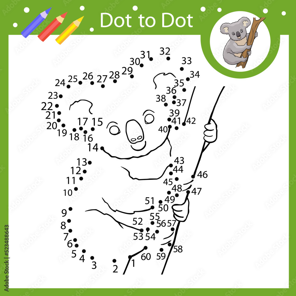 Dot to dot game connect drawing of a koala. Kids education riddle ...