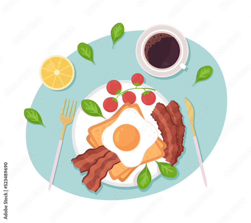 Nutritious breakfast 2D vector isolated illustration. Healthy food and ...
