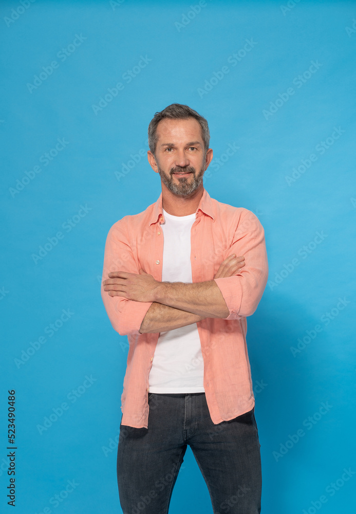 Strong handsome middle aged man with grey beard 40s, 50s wearing casual ...