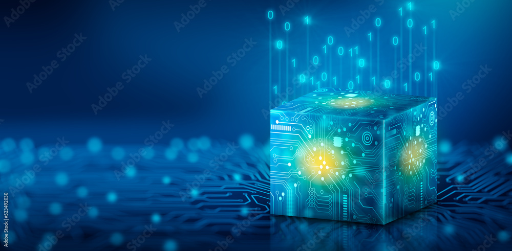 Cube technology on Converging point of circuit with Abstract blue background. Blockchain Network ...
