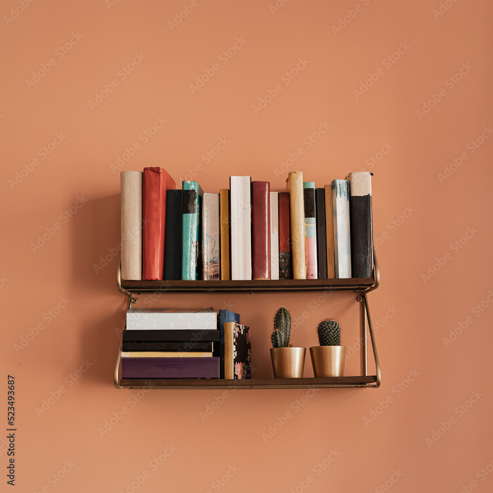 Books stack on hanging shelf. Coral peach wall background. Aesthetic ...