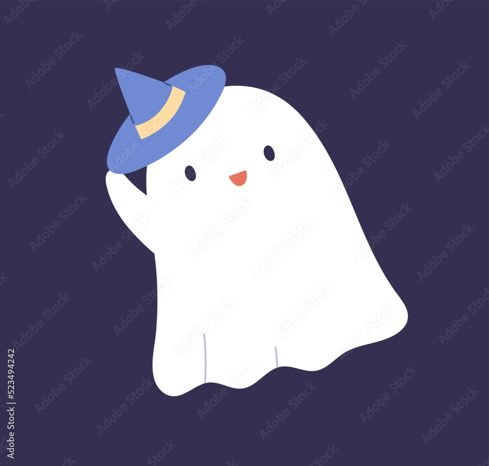 Cute Halloween ghost in witch hat, greeting smb. Funny spooky phantom ...