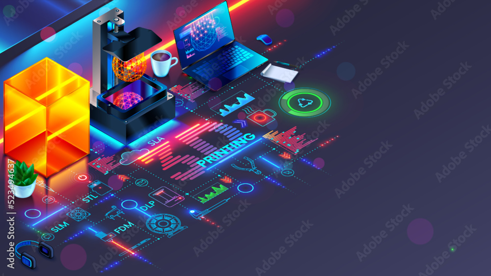 SLA 3d printer, laptop on table in workshop of additive 3d maker. 3d ...