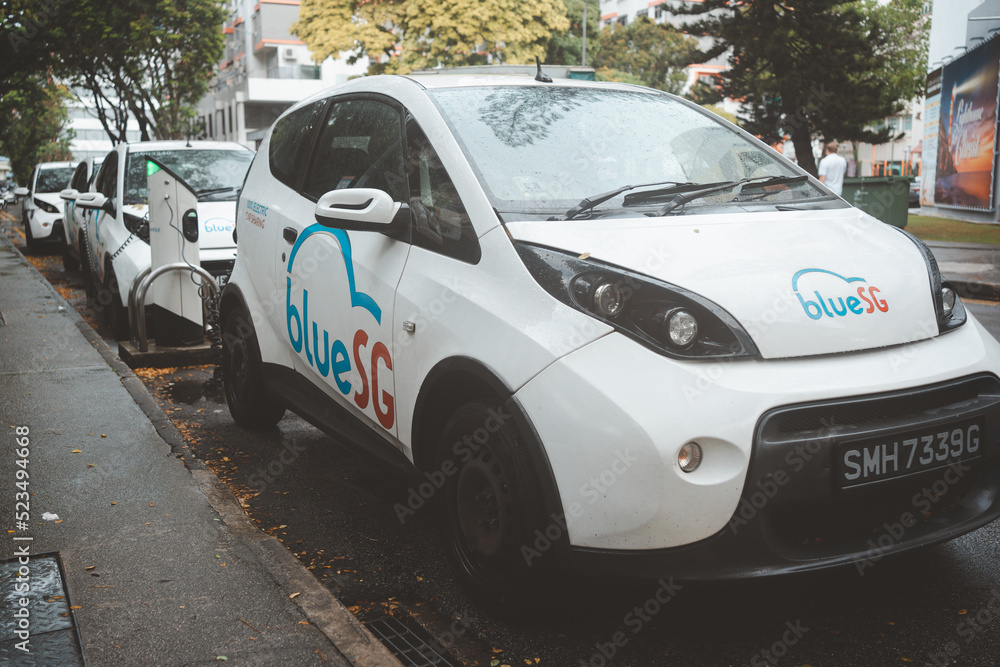 SINGAPORE - JULY 29,2022: A Bluecar (full electric vehicle) park and ...