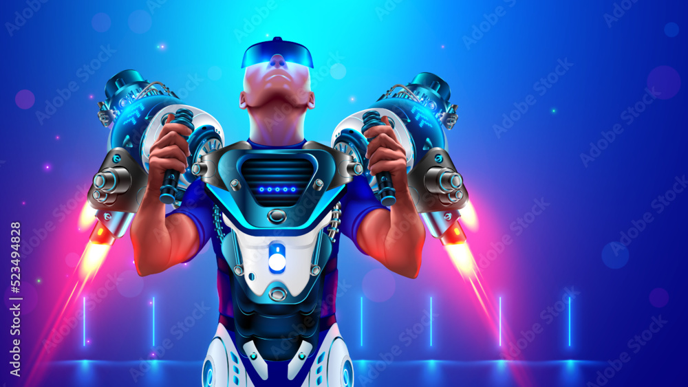 Man launching flying jetpack. Flying robotic armor with rocket engine ...
